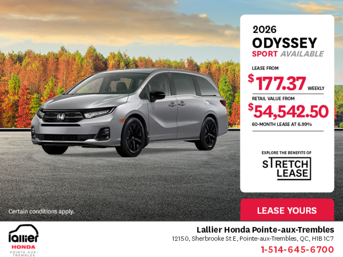 Get the 2026 Honda Odyssey! | Lallier Honda Pointe-aux-Trembles in Montreal